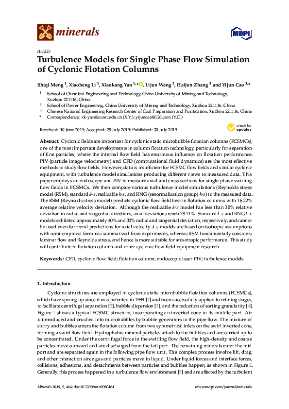 (PDF) Turbulence Models for Single Phase Flow Simulation of Cyclonic Flotation Columns