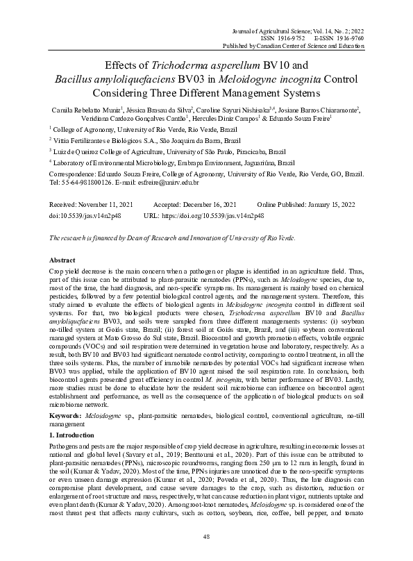 (PDF) Effects of Trichoderma asperellum BV10 and Bacillus amyloliquefaciens BV03 in Meloidogyne ...