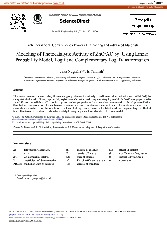 (PDF) Modeling of Photocatalytic Activity of ZnO/AC by Using Linear Probability Model, Logit and ...