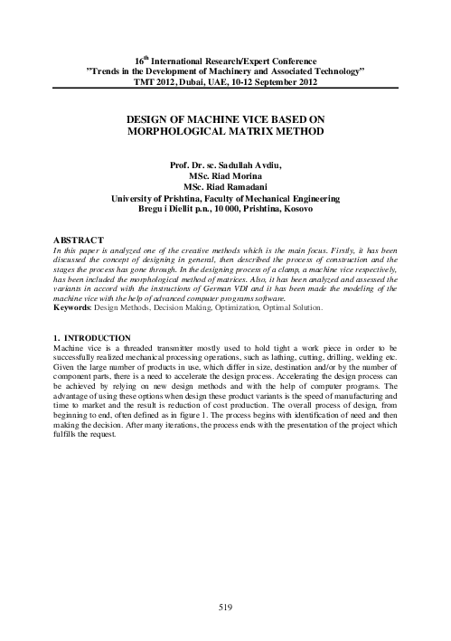 (PDF) Design of Machine Vice Based on Morphological Matrix Method