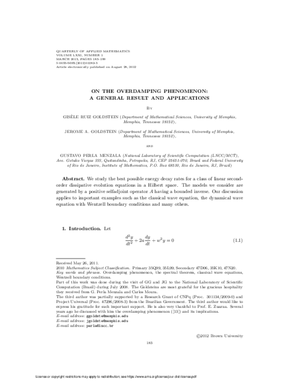 (PDF) On the overdamping phenomenon: A general result and applications