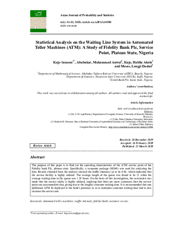 (PDF) Statistical Analysis on the Waiting Line System in Automated Teller Machines (ATM): A ...