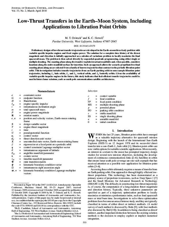 Pdf Low Thrust Transfers In The Earth Moon System Including Applications To Libration Point