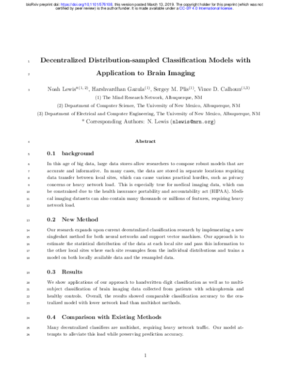 (PDF) Decentralized Distribution-sampled Classification Models with Application to Brain Imaging