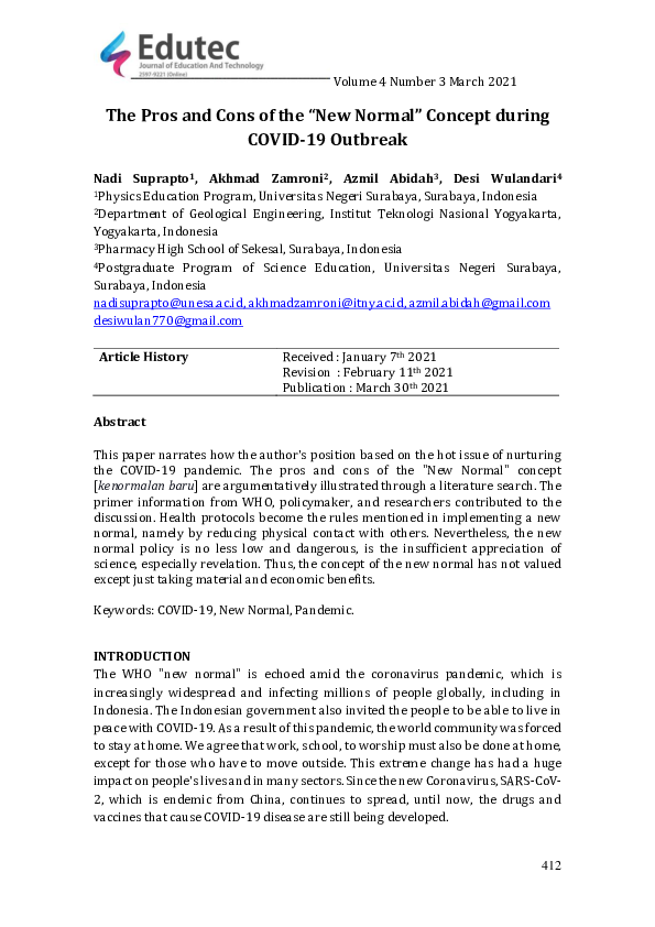 (PDF) The Pros and Cons of the “New Normal” Concept during COVID-19 Outbreak
