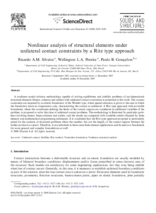 (PDF) Nonlinear analysis of structural elements under unilateral contact constraints by a Ritz ...