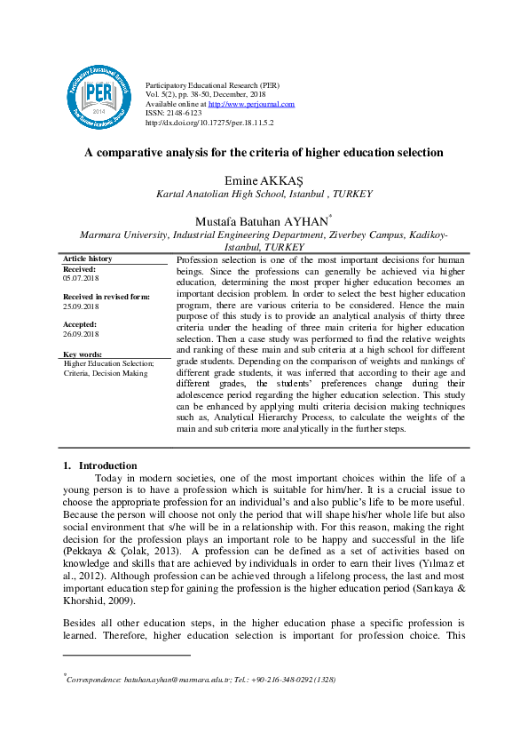 (PDF) A comparative analysis for the criteria of higher education selection