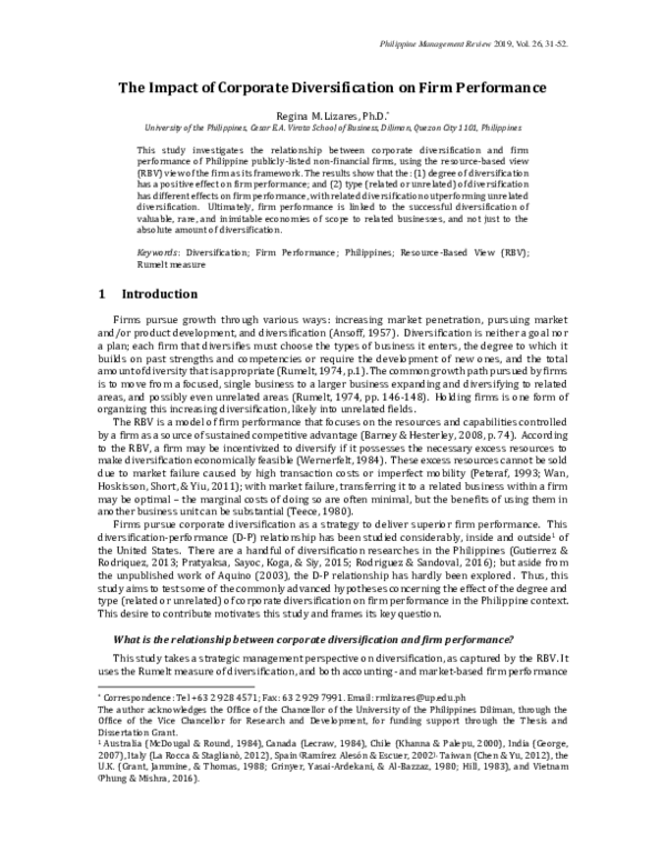 (PDF) The Impact of Corporate Diversification on Firm Performance