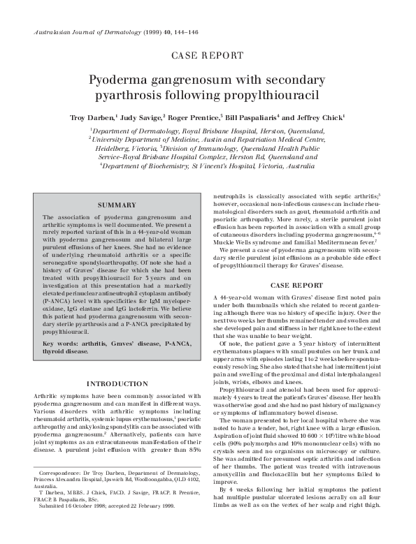 (PDF) Pyoderma gangrenosum with secondary pyarthrosis following propylthiouracil