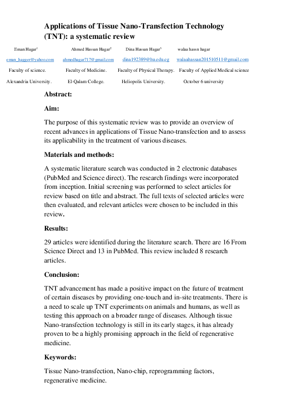 (PDF) Applications of Tissue Nano-Transfection Technology (TNT): a systematic review