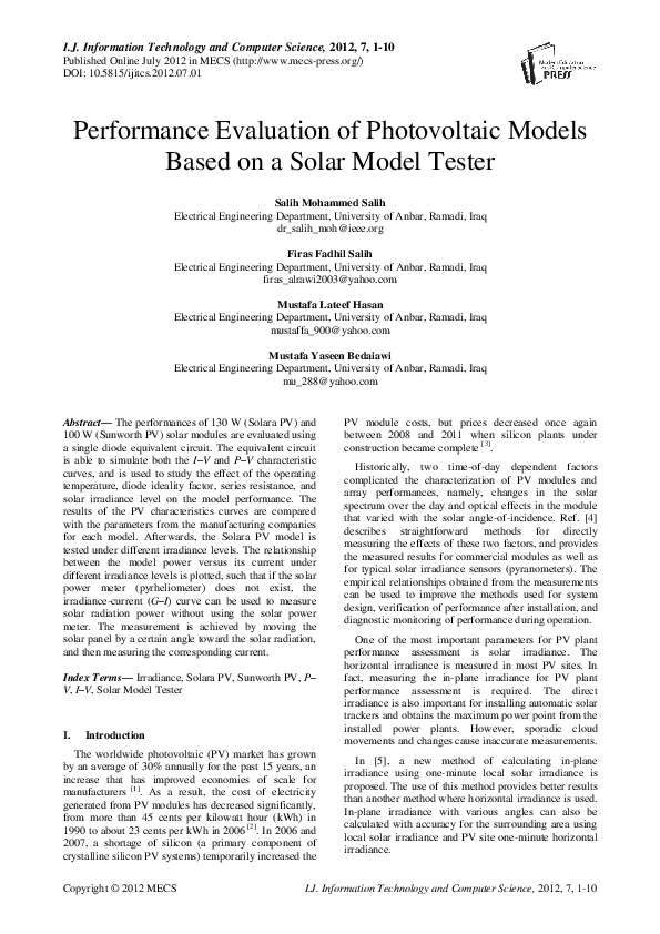 Pdf Performance Evaluation Of Photovoltaic Models Based On A Solar Model Tester Firas Fadhil