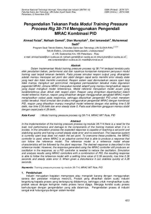 (PDF) Pengendalian Tekanan Pada Modul Training Pressure Process Rig 38-714 Menggunakan ...