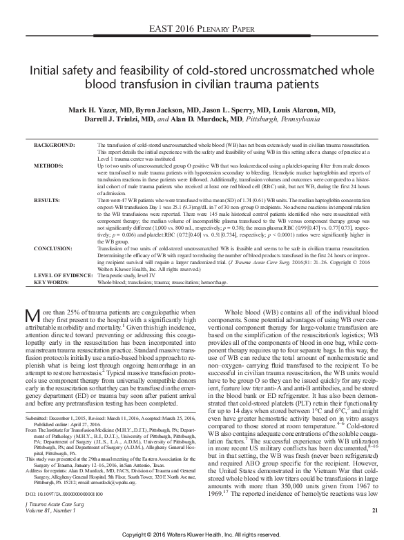 (PDF) Initial safety and feasibility of cold-stored uncrossmatched ...