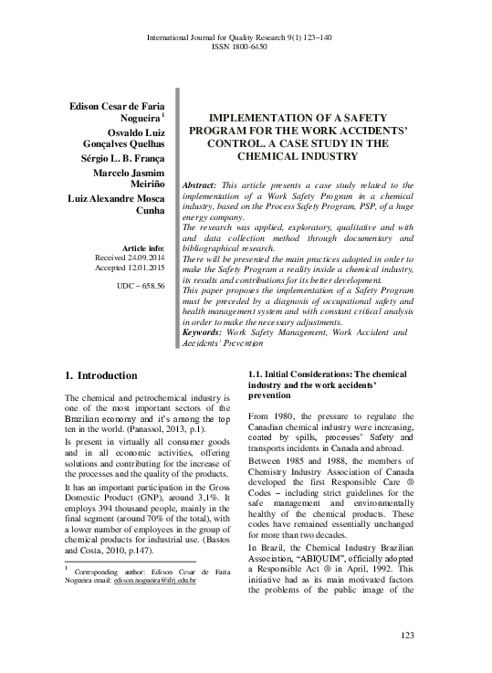 (PDF) Implementation of a Safety Program for the Work Accidents ...