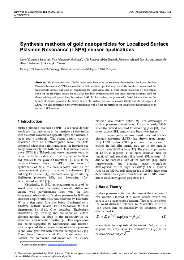 (PDF) Synthesis methods of gold nanoparticles for Localized Surface Plasmon Resonance (LSPR ...
