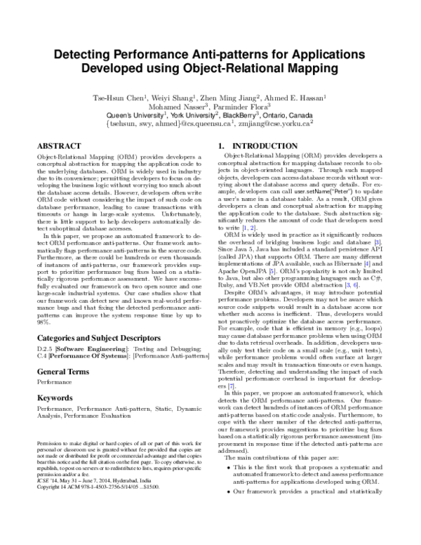 (PDF) Detecting performance anti-patterns for applications developed using object-relational mapping