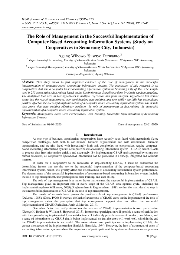 Pdf The Role Of Management In The Successful Implementation Of Computer Based Accounting