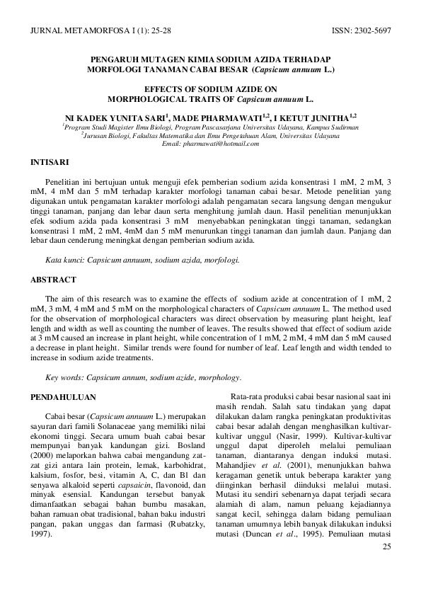 (PDF) PENGARUH MUTAGEN KIMIA SODIUM AZIDA TERHADAP MORFOLOGI TANAMAN ...