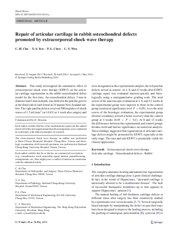 (PDF) Repair of articular cartilage in rabbit osteochondral defects ...
