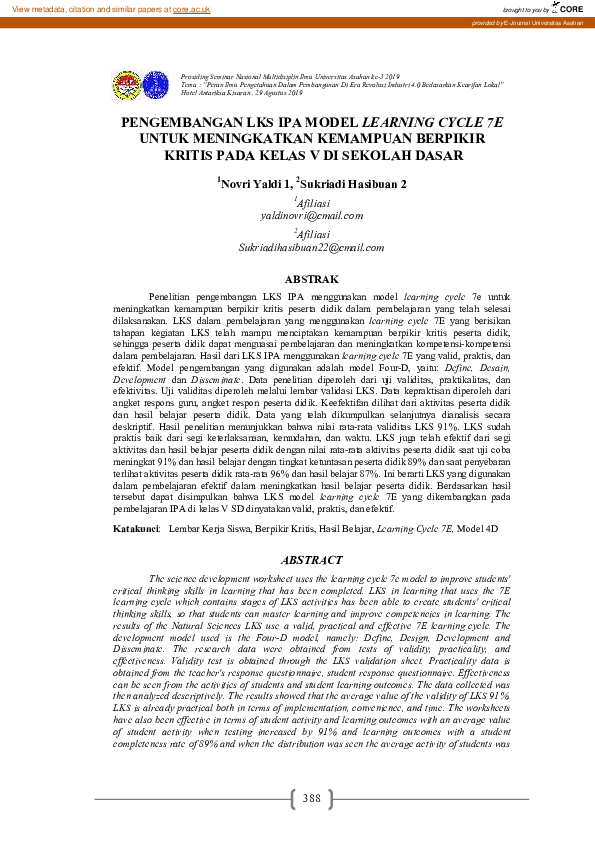 (PDF) Pengembangan LKS Ipa Model Learning Cycle 7E Untuk Meningkatkan Kemampuan Berpikir Kritis ...