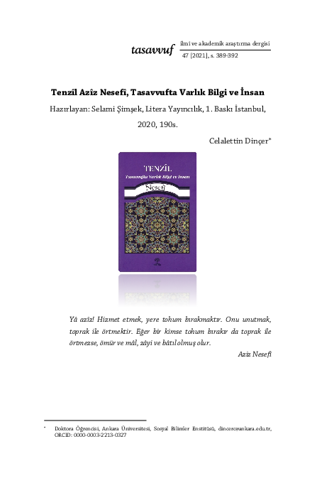 (PDF) Tenzîl, Azîz Nesefî, Tasavvufta Varlık Bilgi ve İnsan