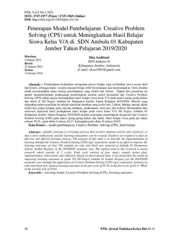 (PDF) Penerapan Model Pembelajaran Creative Problem Solving (CPS) untuk Meningkatkan Hasil ...