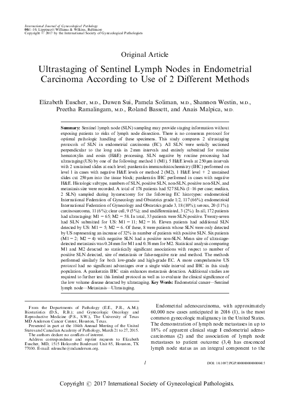 (PDF) Ultrastaging of Sentinel Lymph Nodes in Endometrial Carcinoma ...