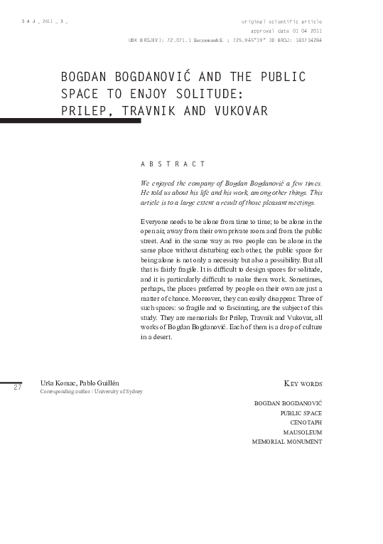 (PDF) Bogdan Bogdanovic and the public space to enjoy solitude: Prilep, Travnik and Vukovar