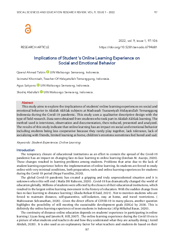 (PDF) Implications of Student 's Online Learning Experience on Social and Emotional Behavior