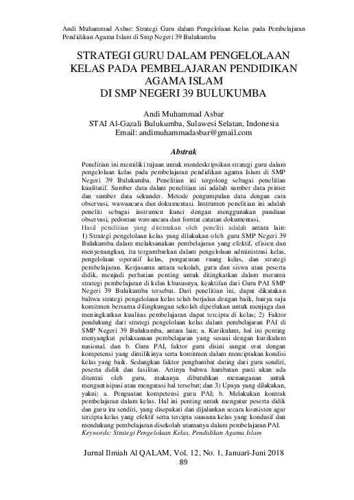 (PDF) Strategi Guru Dalam Pengelolaan Kelas Pada Pembelajaran Pendidikan Agama Islam DI SMP ...
