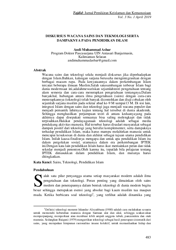 (PDF) Diskursus Wacana Sains Dan Teknologi Serta Dampaknya Pada Pendidikan Islam