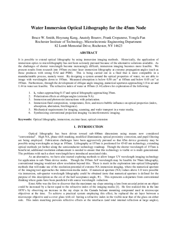 (PDF) Water immersion optical lithography for 45-nm node