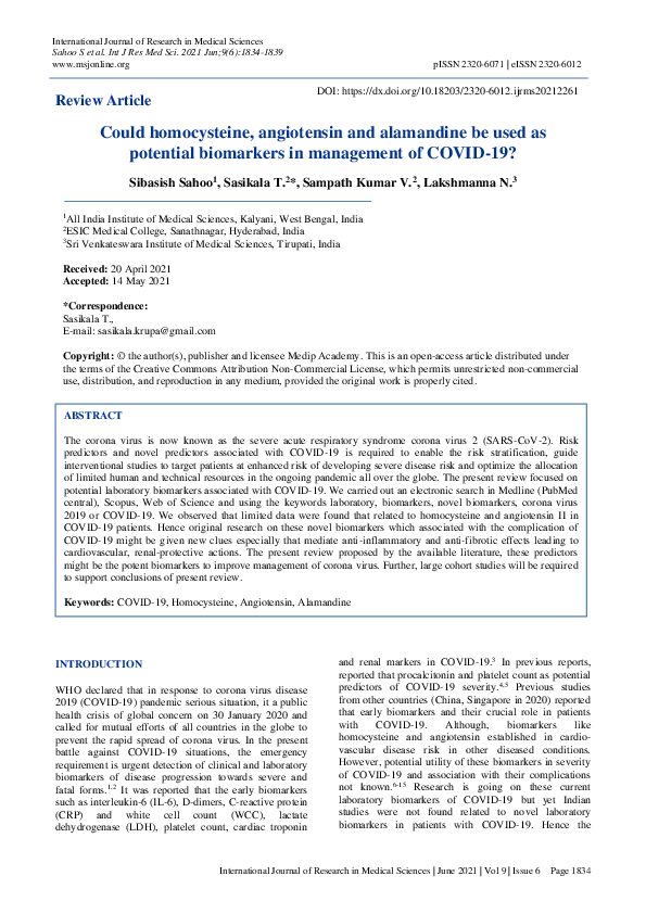 (PDF) Could homocysteine, angiotensin and alamandine be used as ...