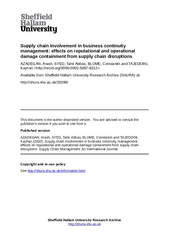 (PDF) Supply chain involvement in business continuity management ...