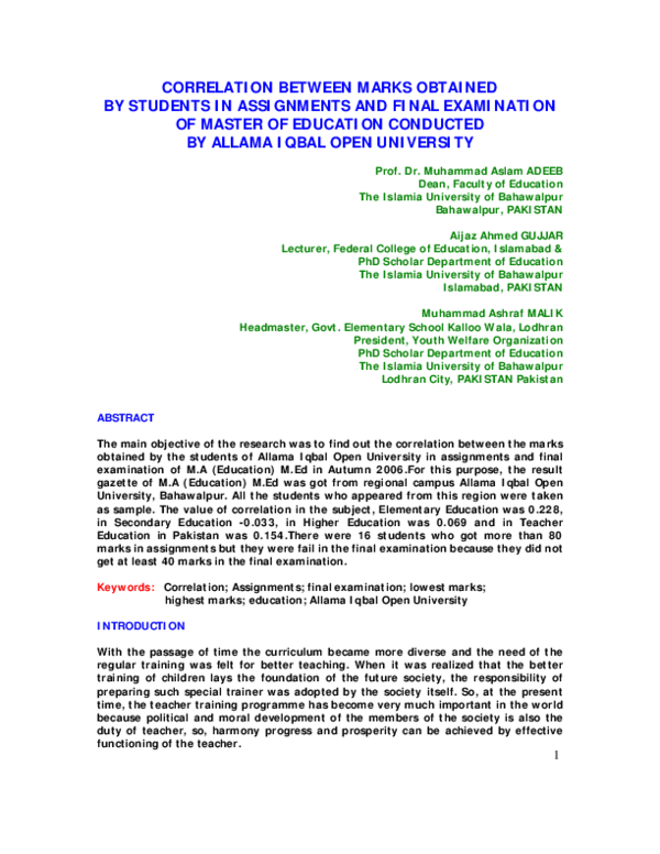 (PDF) Correlation between Marks Obtained By Students in Assignments and Final Examination of ...