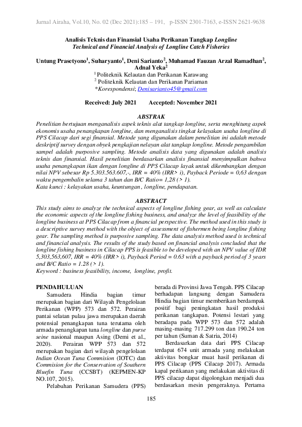 (PDF) Analisis Teknis dan Finansial Usaha Perikanan Tangkap Longline (PDF) Analisis Teknis dan Finansial Usaha Perikanan Tangkap Longline