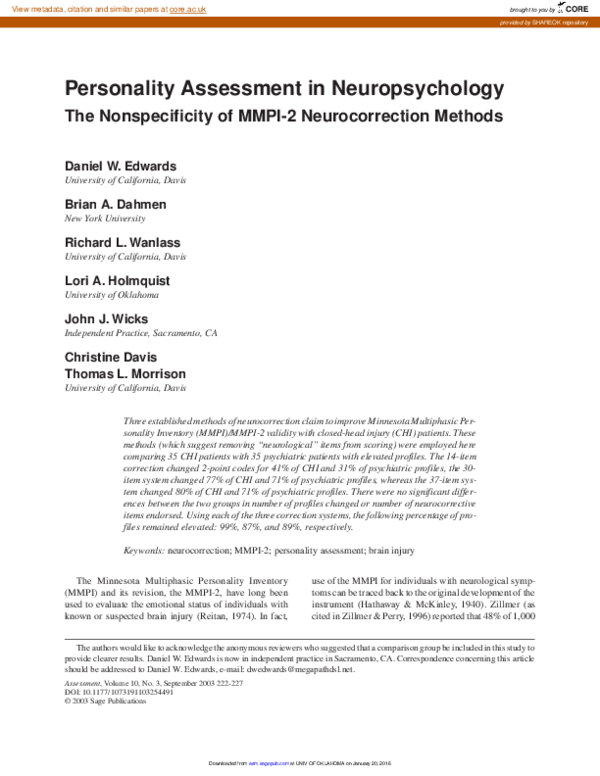 (PDF) Personality Assessment in Neuropsychology: The Nonspecificity of ...