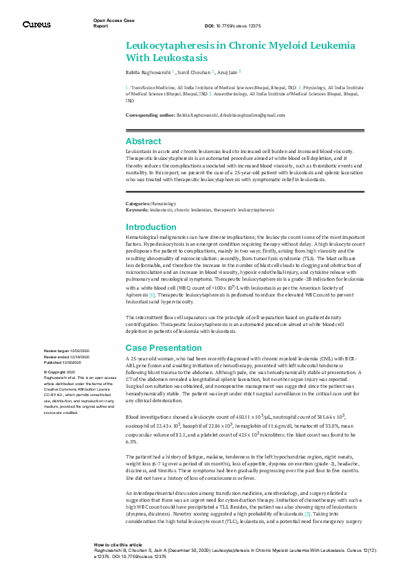 (PDF) Leukocytapheresis in Chronic Myeloid Leukemia With Leukostasis