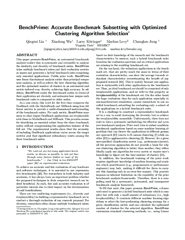 (PDF) BenchPrime: Accurate Benchmark Subsetting with Optimized Clustering Algorithm Selection