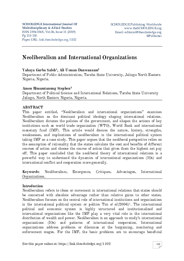 (PDF) Neoliberalism and International Organizations