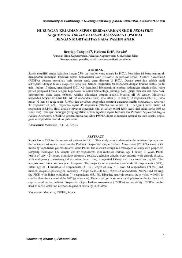 (PDF) Hubungan Kejadian Sepsis Berdasarkan Skor Pediatric Sequential ...