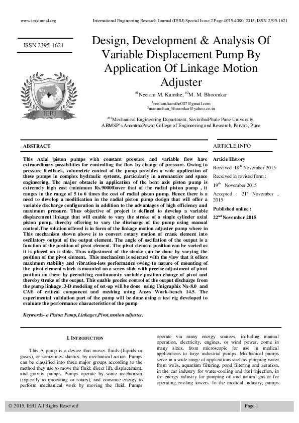 (PDF) Design, Development & Analysis Of Variable Displacement Pump By Application Of Linkage ...