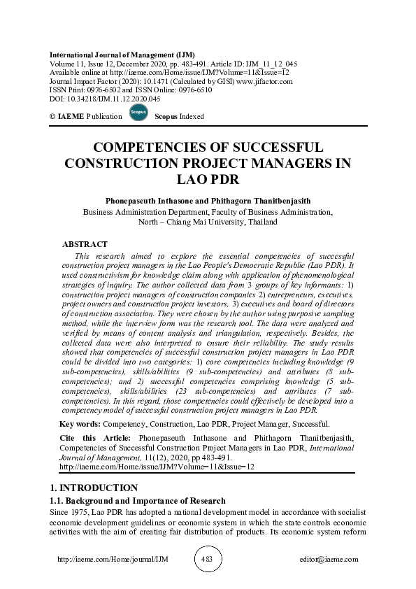 (PDF) Competencies of Successful Construction Project Managers in Lao PDR