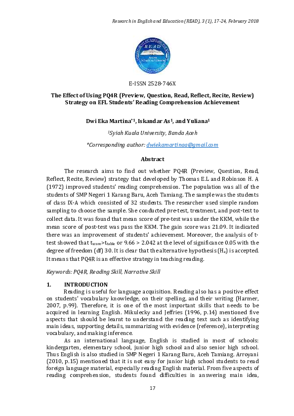 (PDF) The Effect of Using PQ4R (Preview, Question, Read, Reflect, Recite, Review) Strategy on ...