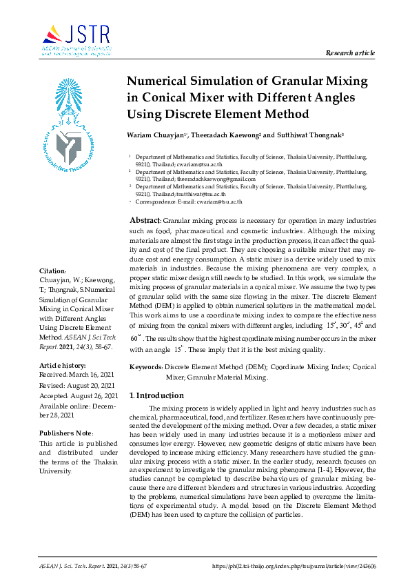 Pdf Numerical Simulation Of Granular Mixing In Conical Mixer With Different Angles Using