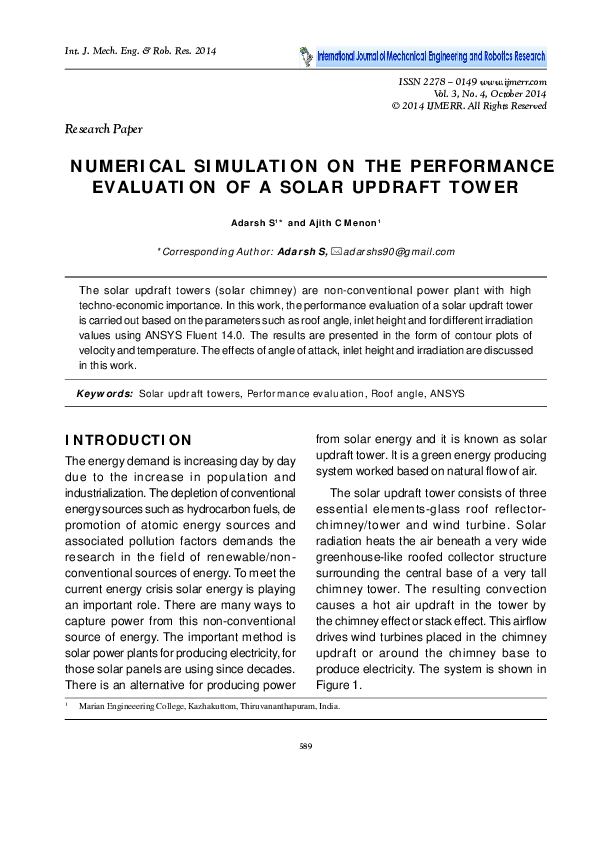 (PDF) Numerical Simulation on the Performance Evaluation of a Solar Updraft Tower