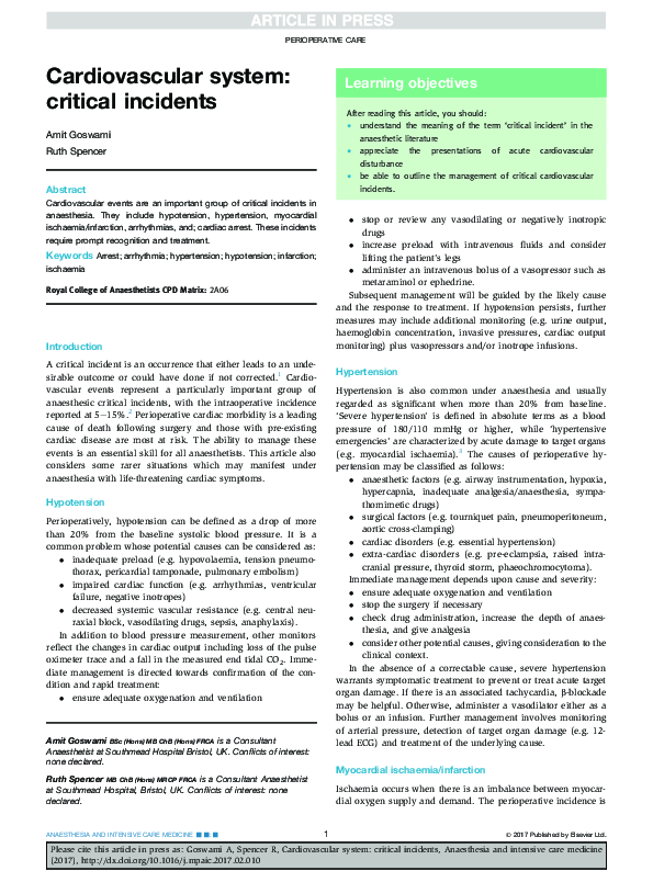 (PDF) Cardiovascular system: critical incidents