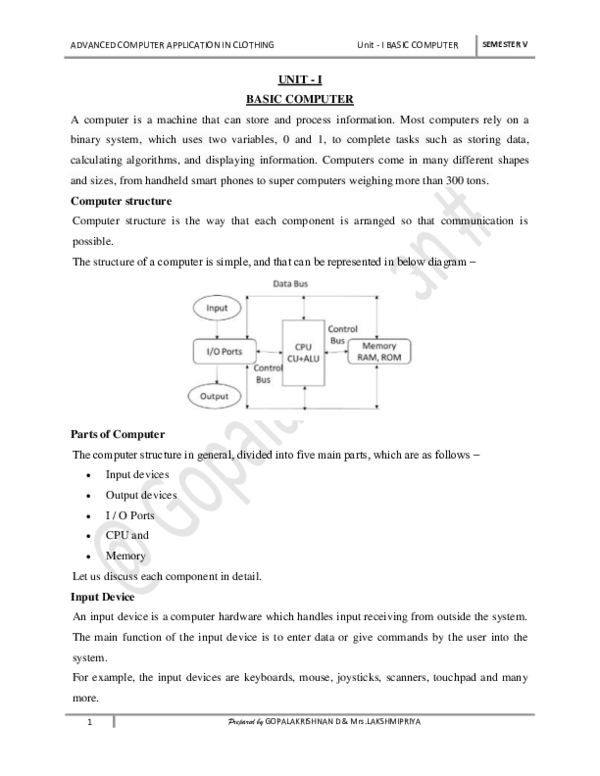 (PDF) ADVANCED COMPUTER APPLICATION IN CLOTHING Unit -I BASIC COMPUTER