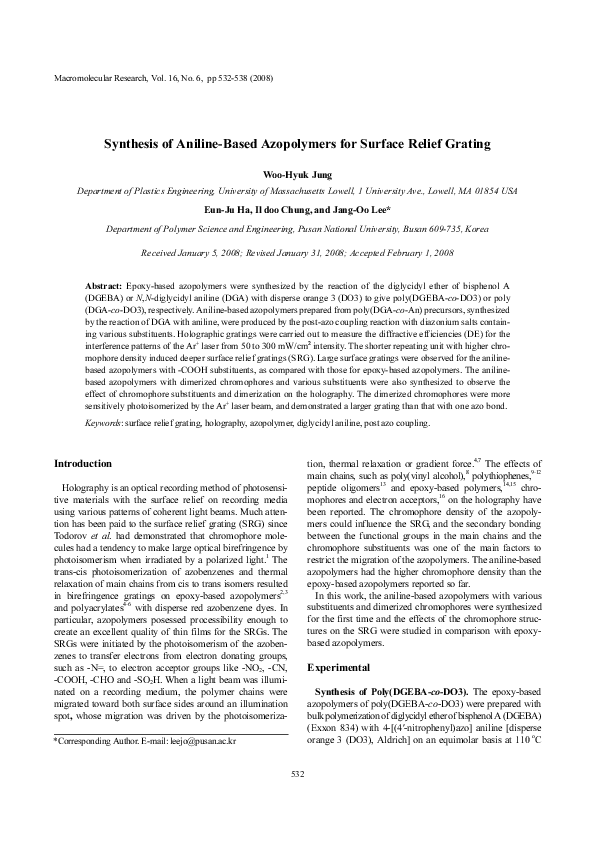 (PDF) Synthesis of aniline-based azopolymers for surface relief grating