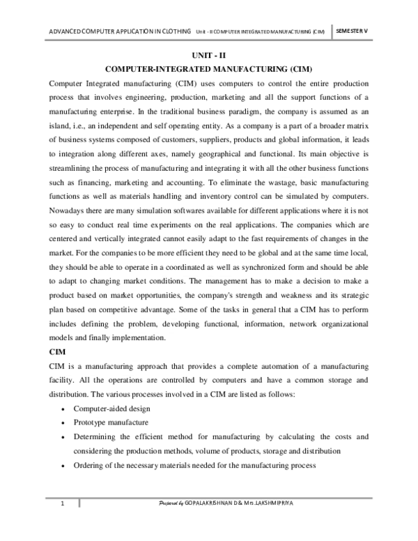 (PDF) ADVANCED COMPUTER APPLICATION IN CLOTHING Unit -II COMPUTER INTEGRATED MANUFACTURING (CIM
